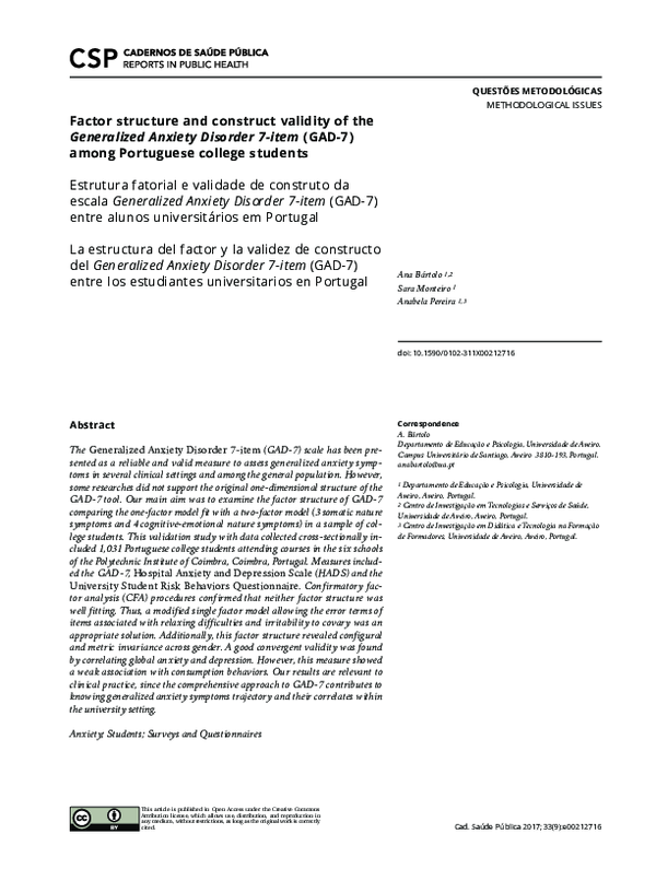 (PDF) Factor structure and construct validity of the Generalized Anxiety Disorder 7-item (GAD-7 ...