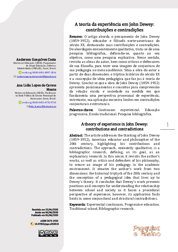 (PDF) A teoria da experiência em John Dewey: contribuições e contradições