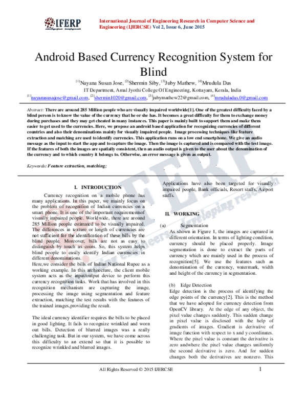 (PDF) Android Based Currency Recognition System for Blind