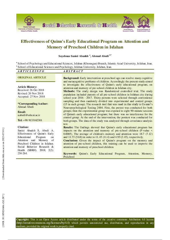 (PDF) Effectiveness of Quinn's Early Educational Program on Attention and Memory of Preschool ...