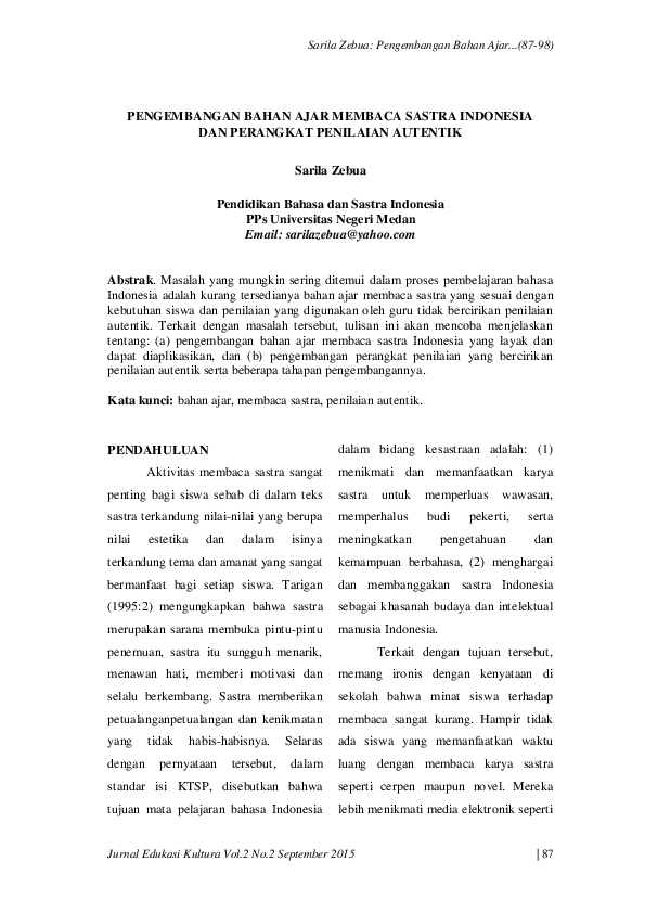 (PDF) Pengembangan Bahan Ajar Membaca Sastra Indonesia Dan Perangkat Penilaian Autentik | Sarila ...
