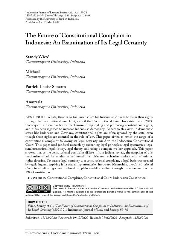 (PDF) Constitutional Complaint in Indonesia Through the Lens of Legal ...