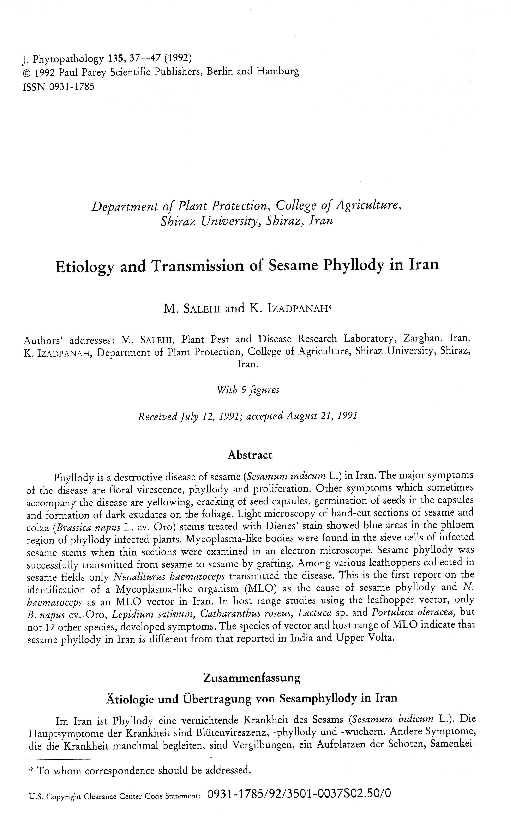 (PDF) Etiology and Transmission of Sesame Phyllody in Iran