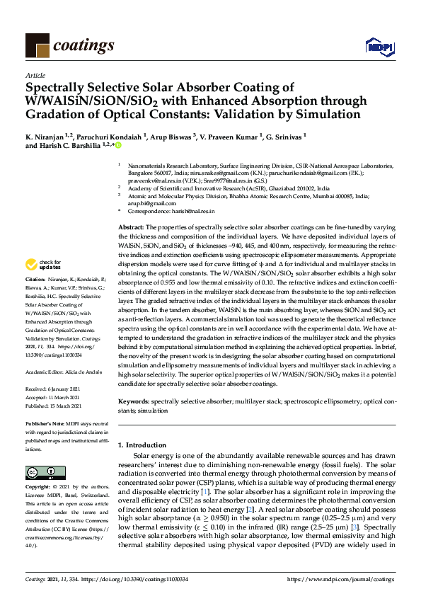 (PDF) Spectrally Selective Solar Absorber Coating of W/WAlSiN/SiON/SiO2 ...