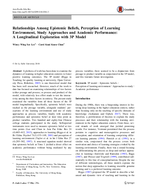 (PDF) Relationships Among Epistemic Beliefs, Perception of Learning Environment, Study ...