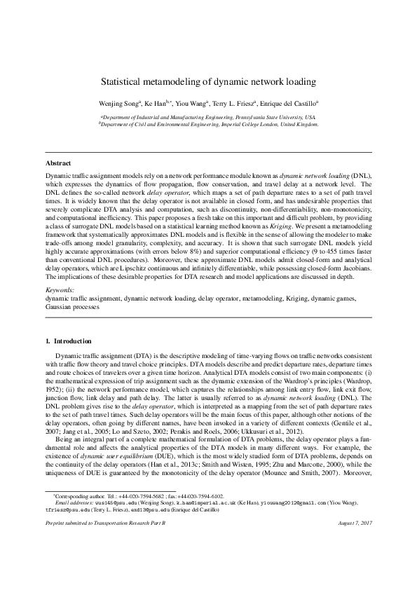 (PDF) Statistical metamodeling of dynamic network loading | Terry Friesz - Academia.edu