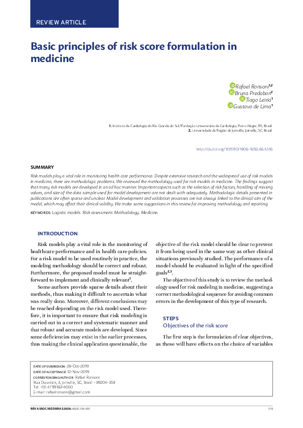 (PDF) Basic principles of risk score formulation in medicine