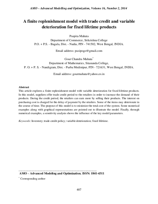 Pdf A Finite Replenishment Model With Trade Credit And Variable