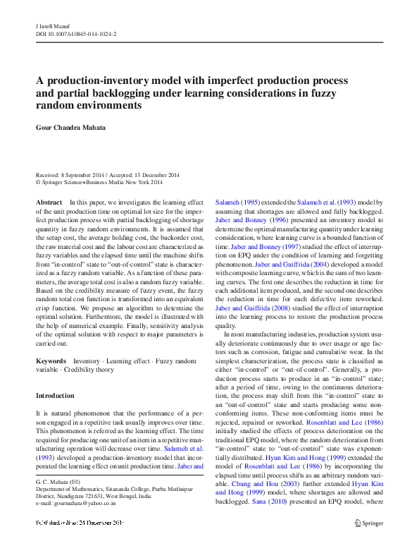 Pdf A Production Inventory Model With Imperfect Production Process