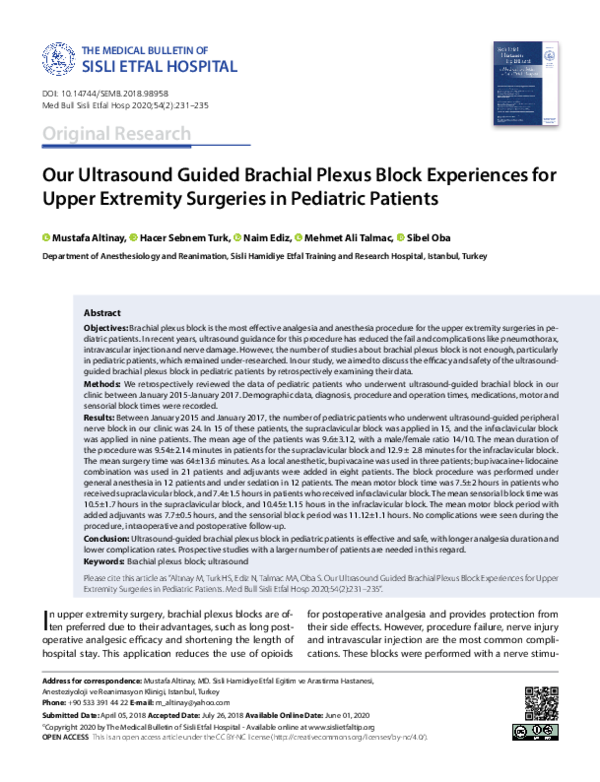 (PDF) Our Ultrasound Guided Brachial Plexus Block Experiences for Upper Extremity Surgeries in ...