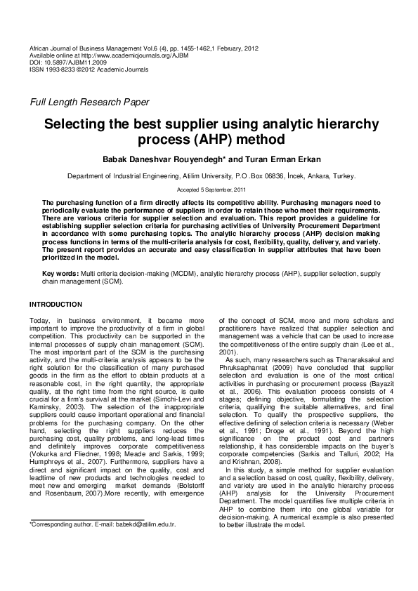 Pdf Selecting The Best Supplier Using Analytic Hierarchy Process Ahp Method