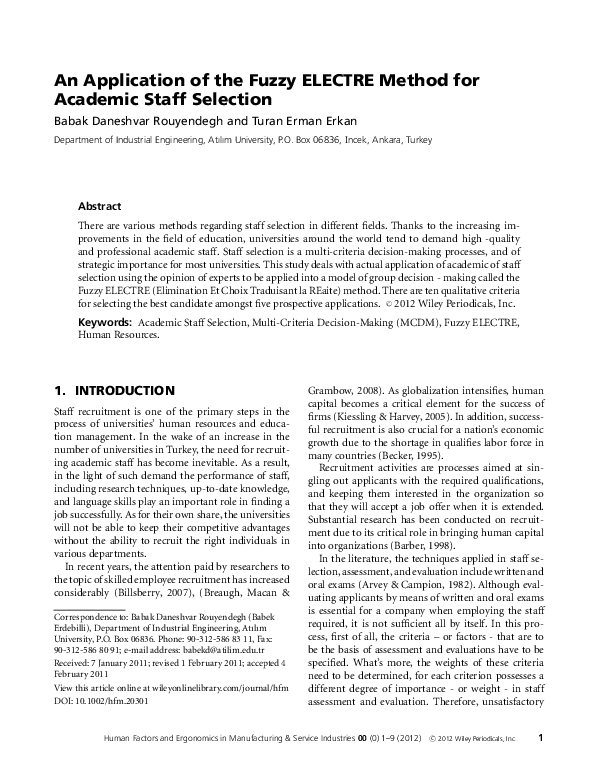 (PDF) An Application of the Fuzzy ELECTRE Method for Academic Staff Selection
