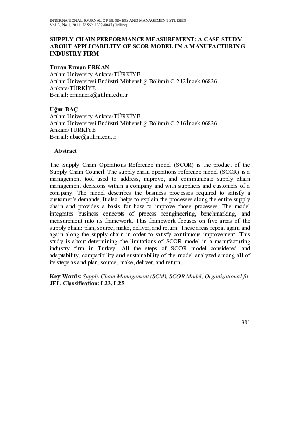(PDF) Supply Chain Performance Measurement: A Case Study About Applicability of Scor Model in a ...