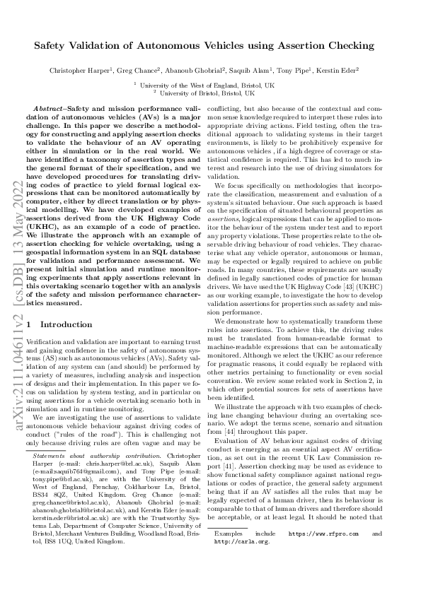 (PDF) Safety Validation of Autonomous Vehicles using Assertion Checking