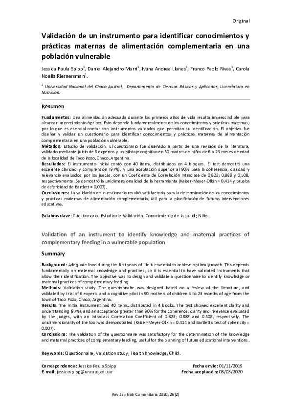 Pdf Validation Of An Instrument To Identify Knowledge And Maternal Practices Of Complementary