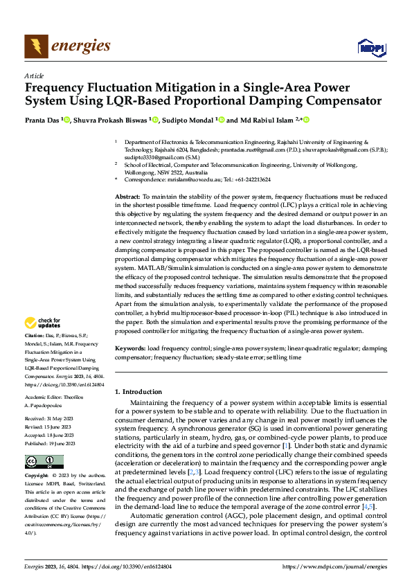 (PDF) Frequency Fluctuation Mitigation in a Single-Area Power System Using LQR-Based ...