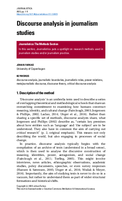 (PDF) Discourse Analysis in Journalism Studies
