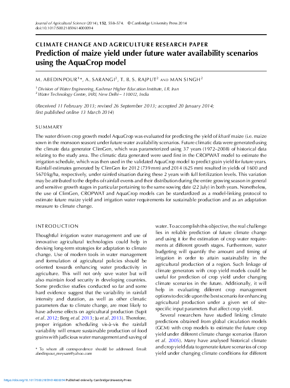 (PDF) Prediction of maize yield under future water availability ...