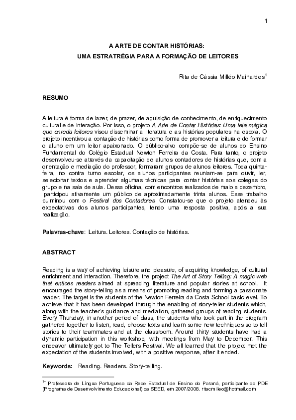 (PDF) A Arte De Contar Hist rias: Uma Estratr gia Para a Forma o De Leitores