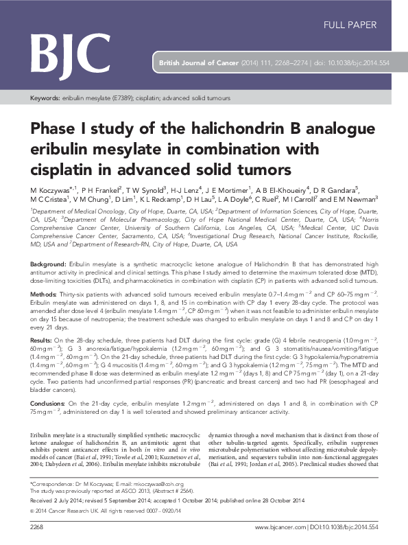 (PDF) Phase I study of the halichondrin B analogue eribulin mesylate in ...