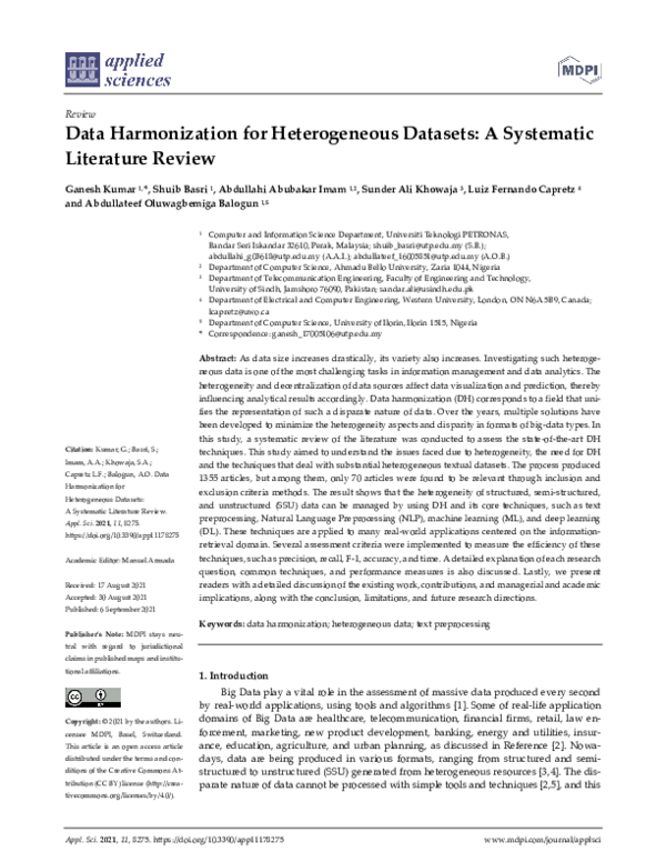 (PDF) Data Harmonization for Heterogeneous Datasets: A Systematic Literature Review | Abdullahi ...