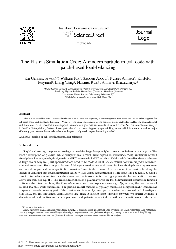 Pdf The Plasma Simulation Code A Modern Particle In Cell Code With Patch Based Load Balancing