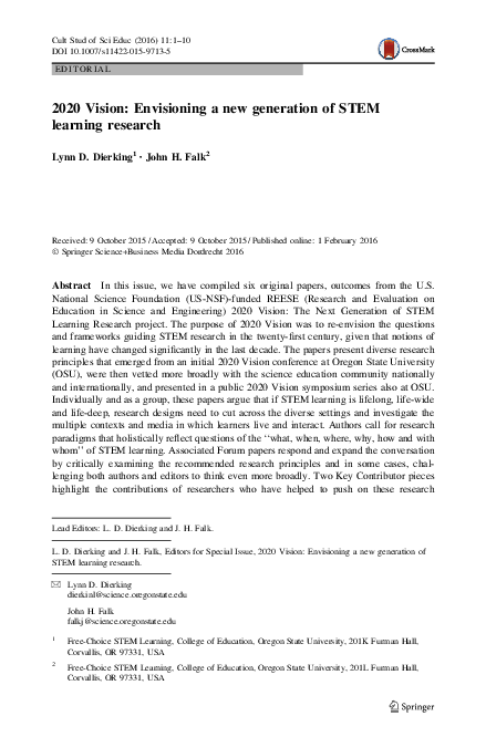 (PDF) 2020 Vision: Envisioning a new generation of STEM learning research