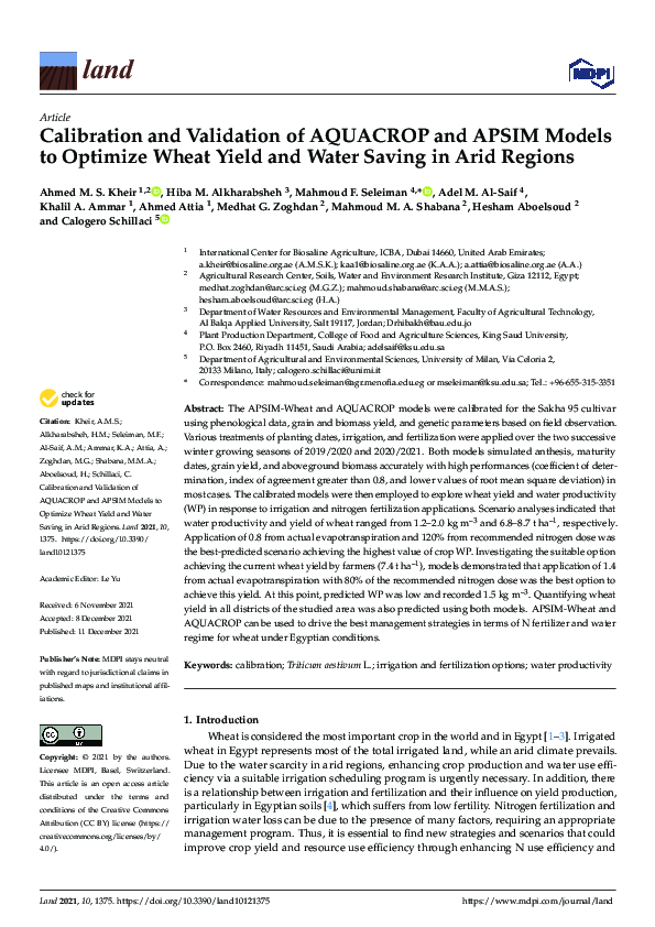 (PDF) Calibration and Validation of AQUACROP and APSIM Models to Optimize Wheat Yield and Water ...