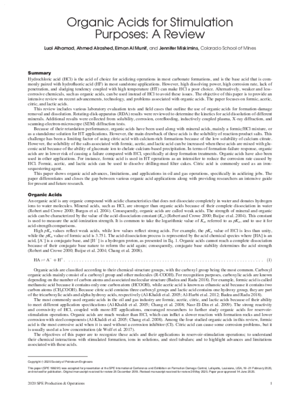 (PDF) Organic Acids for Stimulation Purposes: A Review