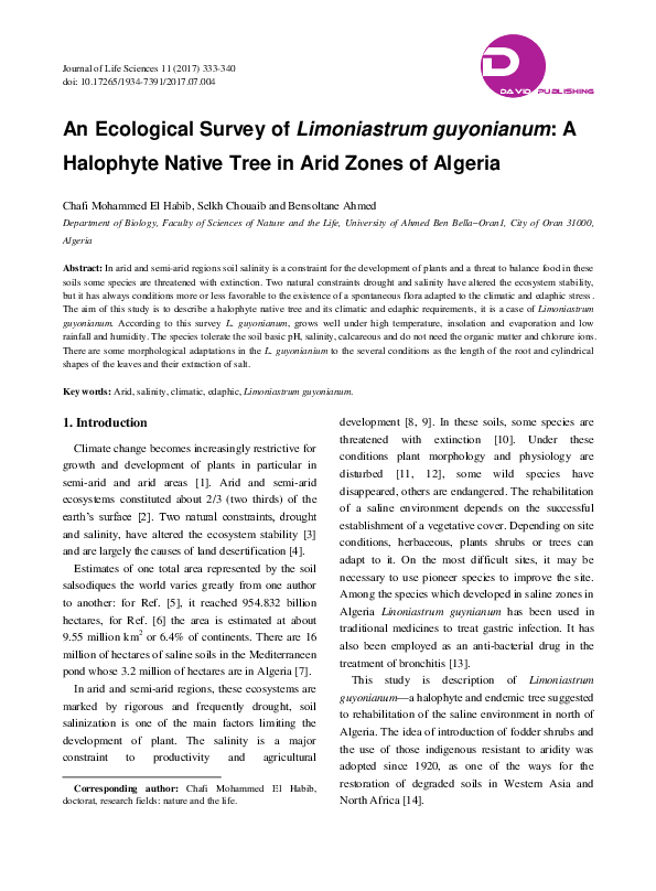 (PDF) An Ecological Survey of Limoniastrum guyonianum: A Halophyte ...