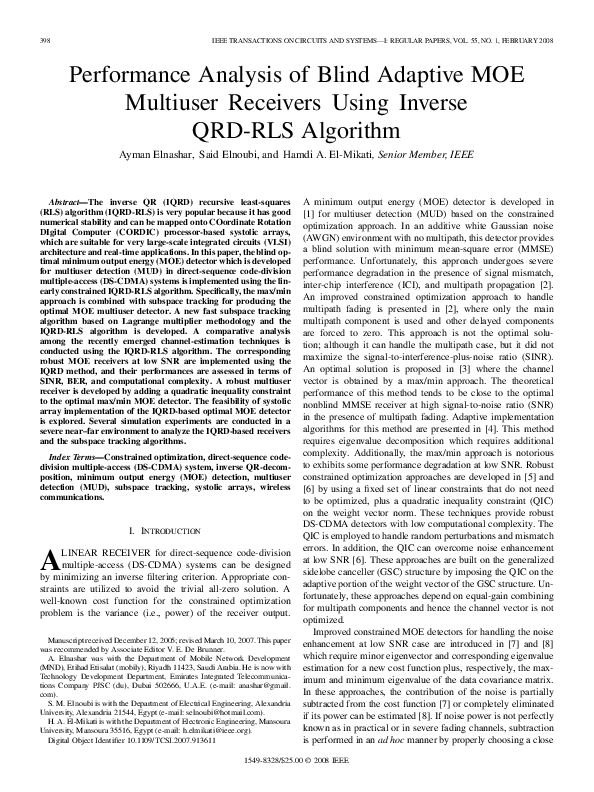 (PDF) Performance Analysis of Blind Adaptive MOE Multiuser Receivers Using Inverse QRD-RLS Algorithm