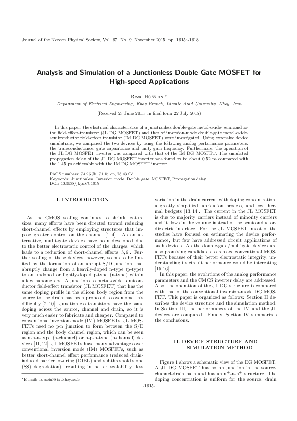 (PDF) Analysis and simulation of a junctionless double gate MOSFET for high-speed applications