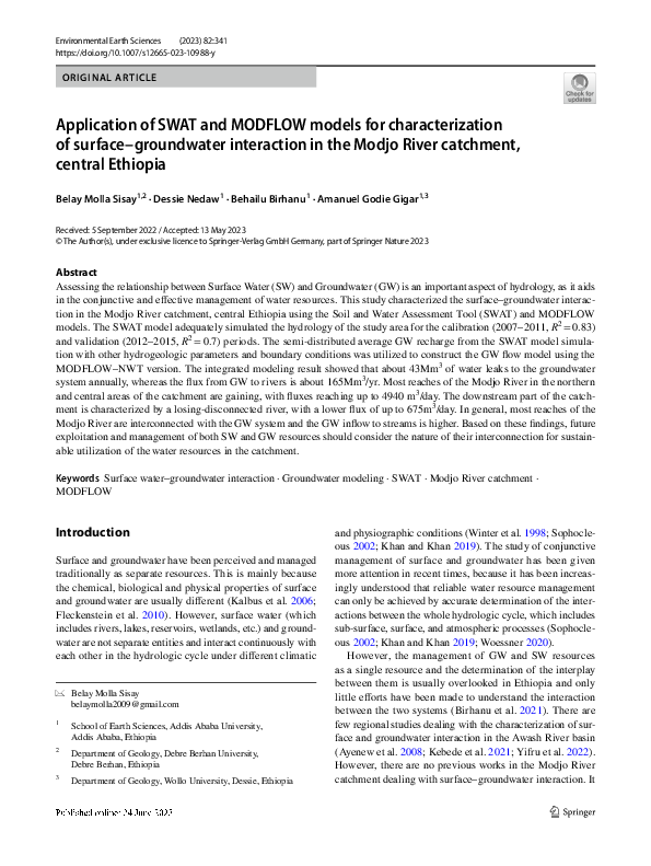 Pdf Application Of Swat And Modflow Models For Characterization Of Surface Groundwater
