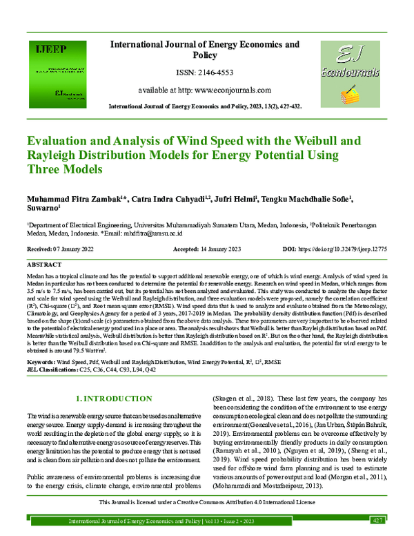 Pdf Evaluation And Analysis Of Wind Speed With The Weibull And Rayleigh Distribution Models