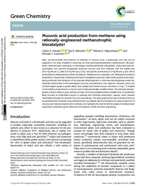 (PDF) Muconic acid production from methane using rationally-engineered ...