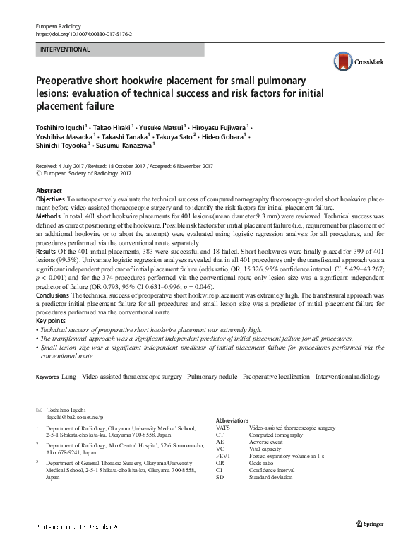 Pdf Preoperative Short Hookwire Placement For Small Pulmonary Lesions Evaluation Of Technical