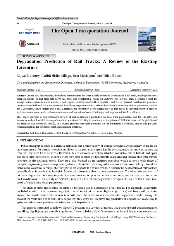 (PDF) Degradation Prediction of Rail Tracks: A Review of the Existing Literature