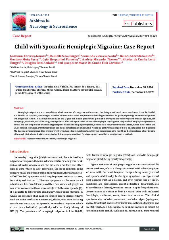 (PDF) Child with Sporadic Hemiplegic Migraine: Case Report | Giovanna ...