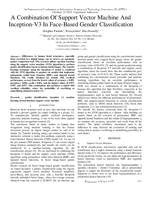 (PDF) A Combination Of Support Vector Machine And Inception-V3 In Face-Based Gender Classification