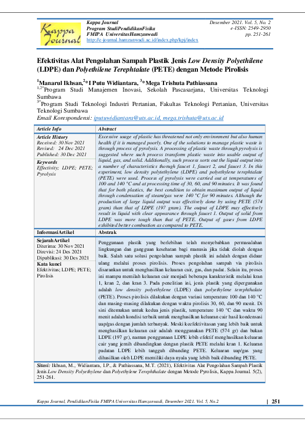 (PDF) Efektivitas Alat Pengolahan Sampah Plastik Jenis Low Density Polyethylene dan Polyethylene ...