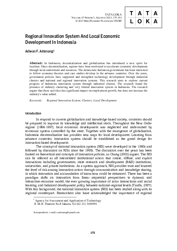 (PDF) Regional Innovation System and Local Economic Development in Indonesia