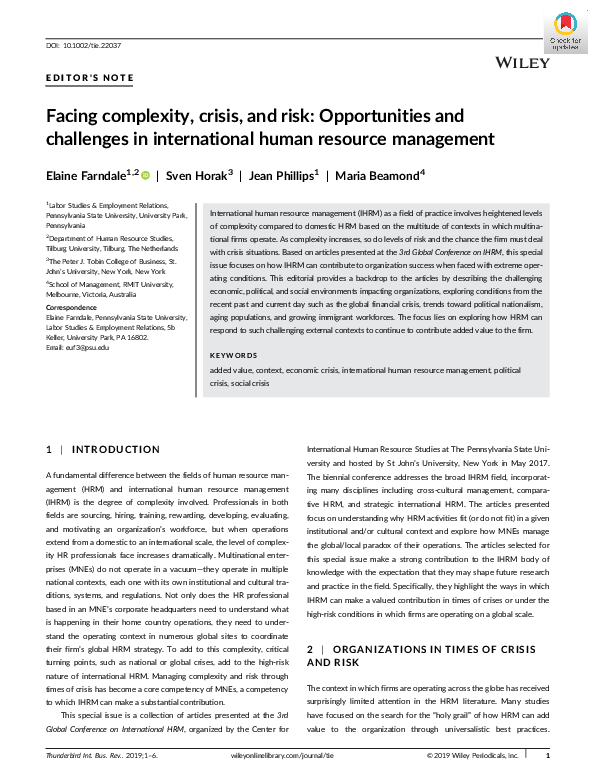 (PDF) Facing complexity, crisis, and risk: Opportunities and challenges in international human ...