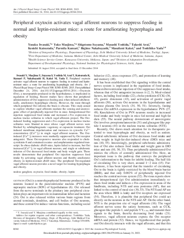 (PDF) Peripheral oxytocin activates vagal afferent neurons to suppress ...