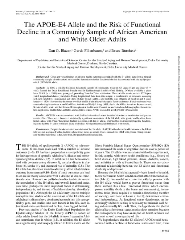 (PDF) The APOE-E4 Allele and the Risk of Functional Decline in a ...
