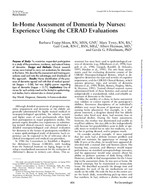 (PDF) In-Home Assessment of Dementia by Nurses: Experience Using the ...