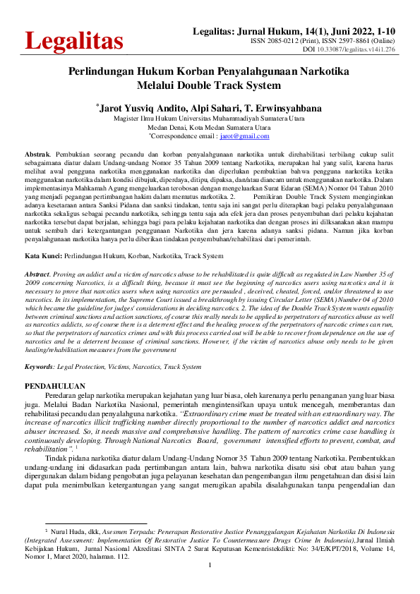 (PDF) Perlindungan Hukum Korban Penyalahgunaan Narkotika Melalui Double Track System