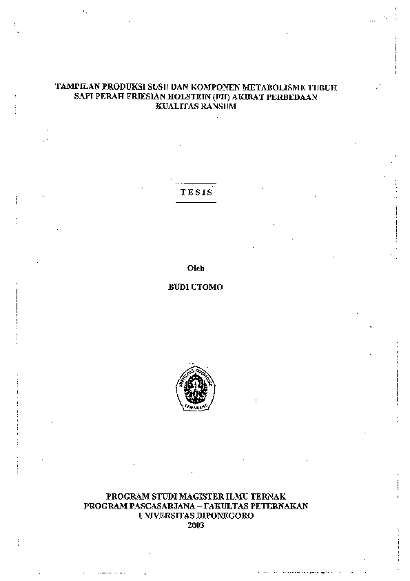 (PDF) Tampilan produksi susu dan komponen metabolisme tubuh sapi perah ...