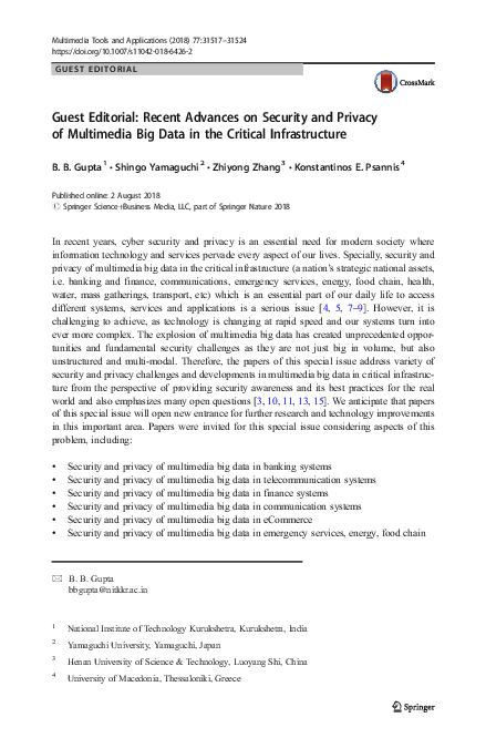 (PDF) Guest Editorial: Recent Advances on Security and Privacy of Multimedia Big Data in the ...