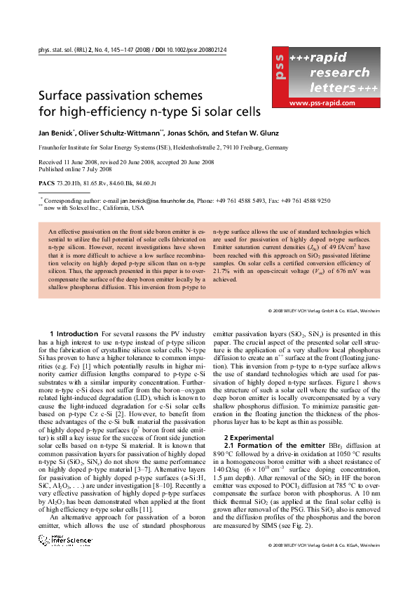 (PDF) Surface passivation schemes for high-efficiency n-type Si solar cells