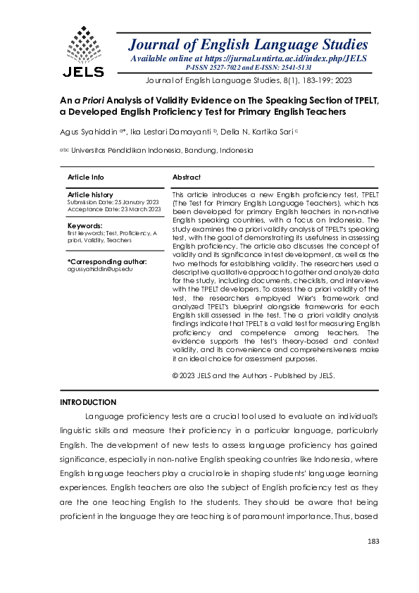 (PDF) An a Priori Analysis of Validity Evidence on The Speaking Section ...